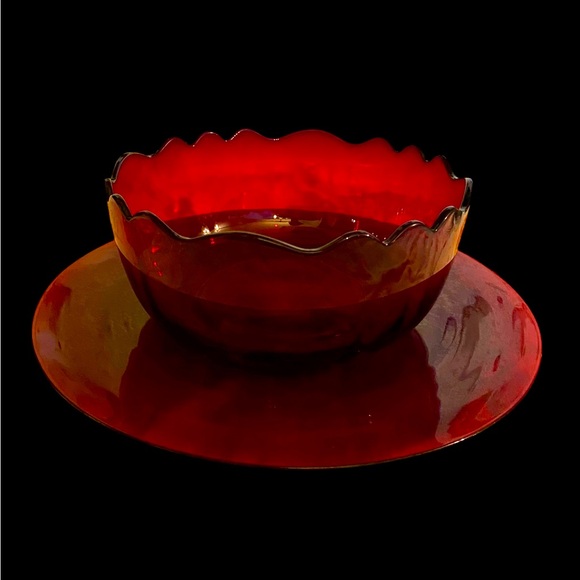 Accents | Antique Large Heavy Ruby Red Glass Bowl With Scallop Edge ...